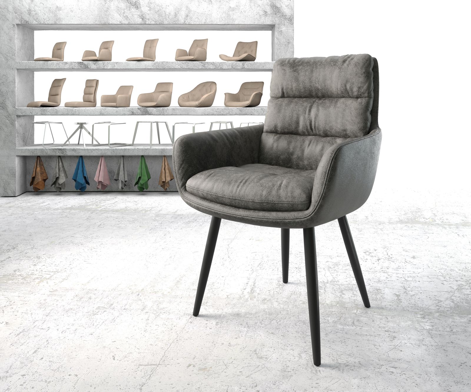 Armleunstoel Abelia-Flex met armleuning 4-poot conisch zwart grijs antiek